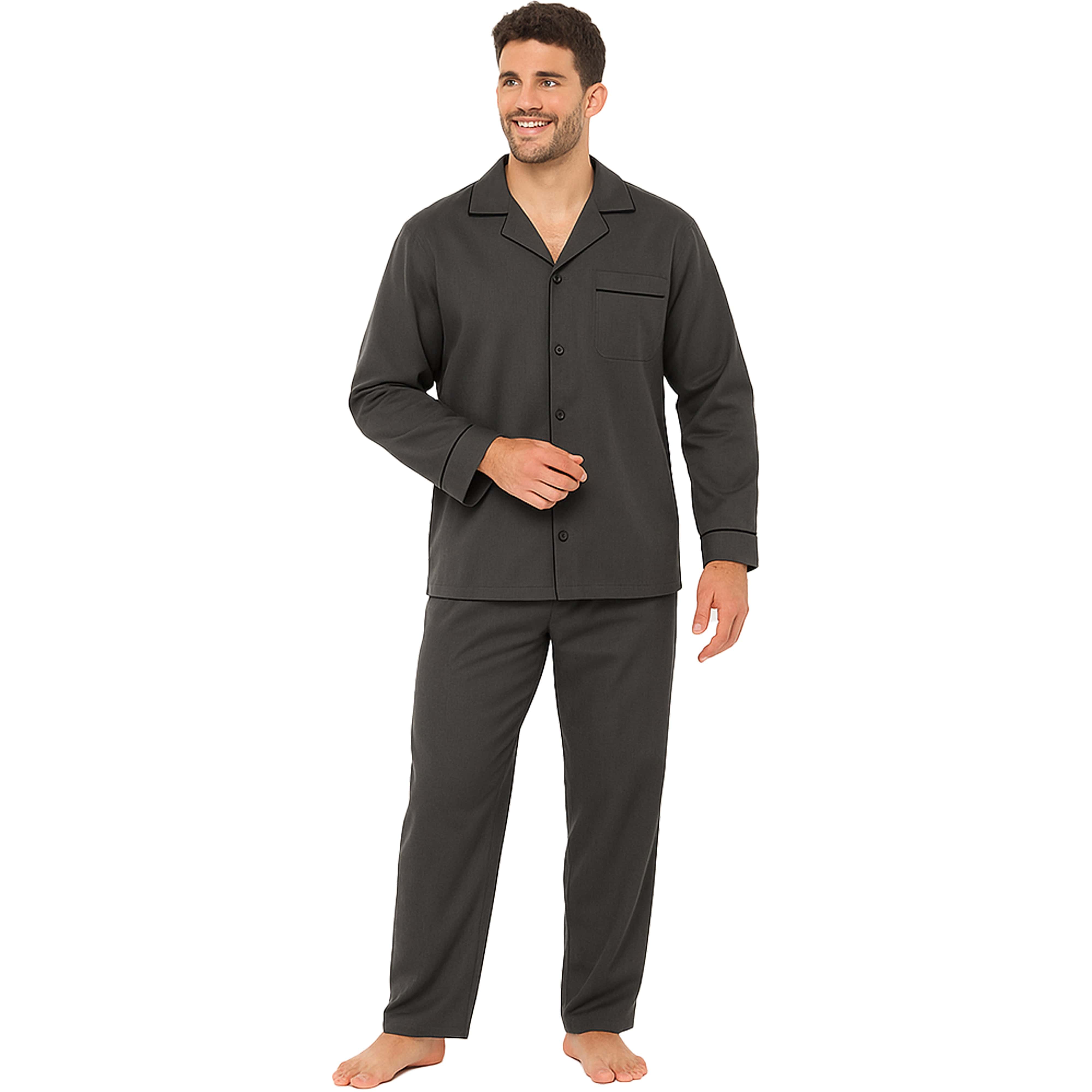 Men's Classic Charcoal Woven Pyjama Set Long Sleeve Button Top & Bottoms Easy Care Nightwear ...