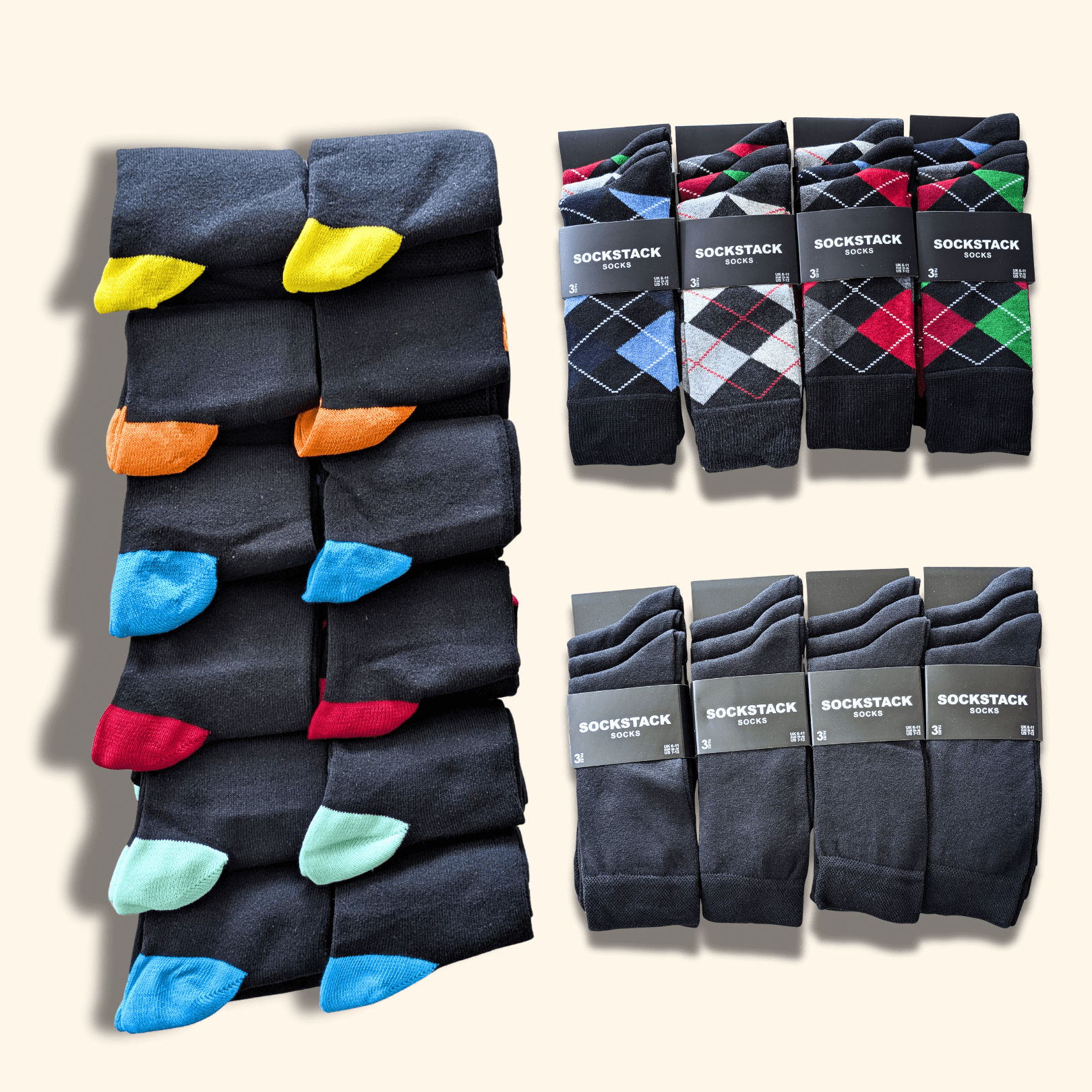 12 Pairs Men's Soft Cotton Colourful Heel Toe Black Argyle Diamond ...