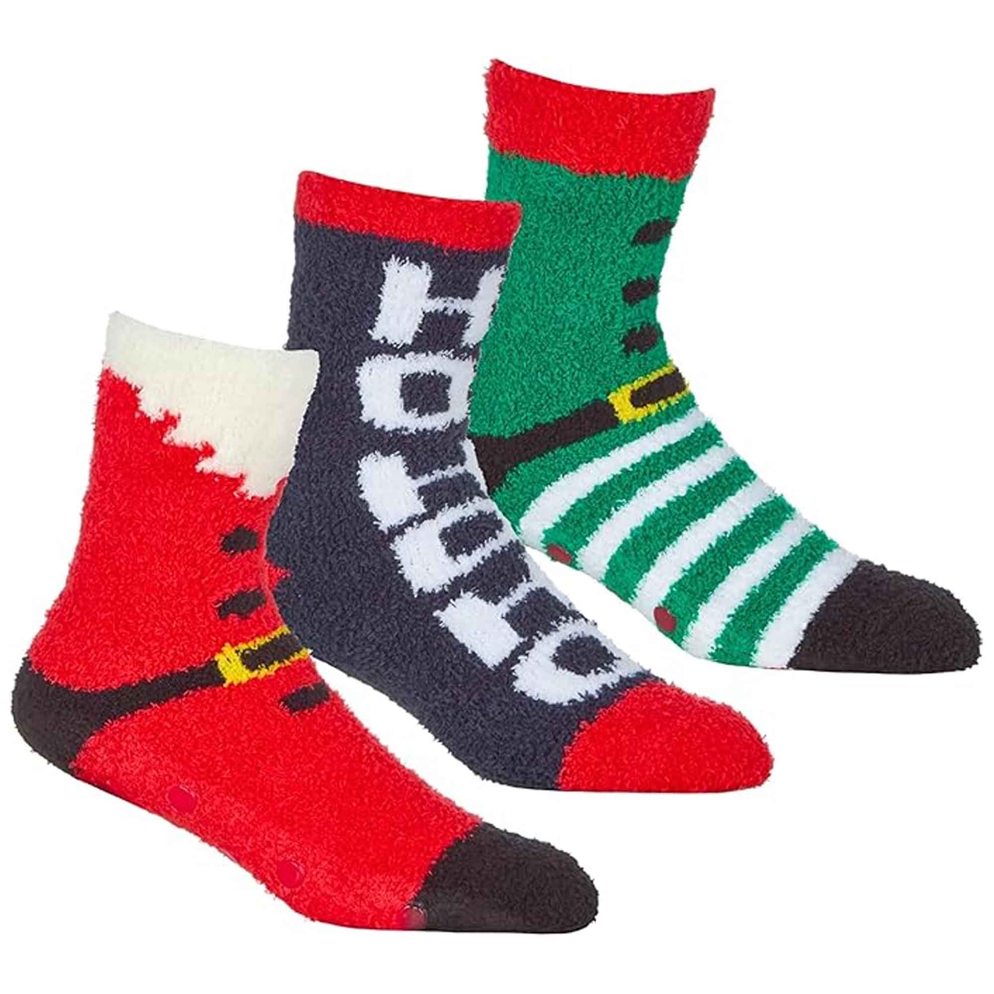 3 Pack Mens Cozy Christmas Slipper Socks Festive Santa and Elf Designs ...