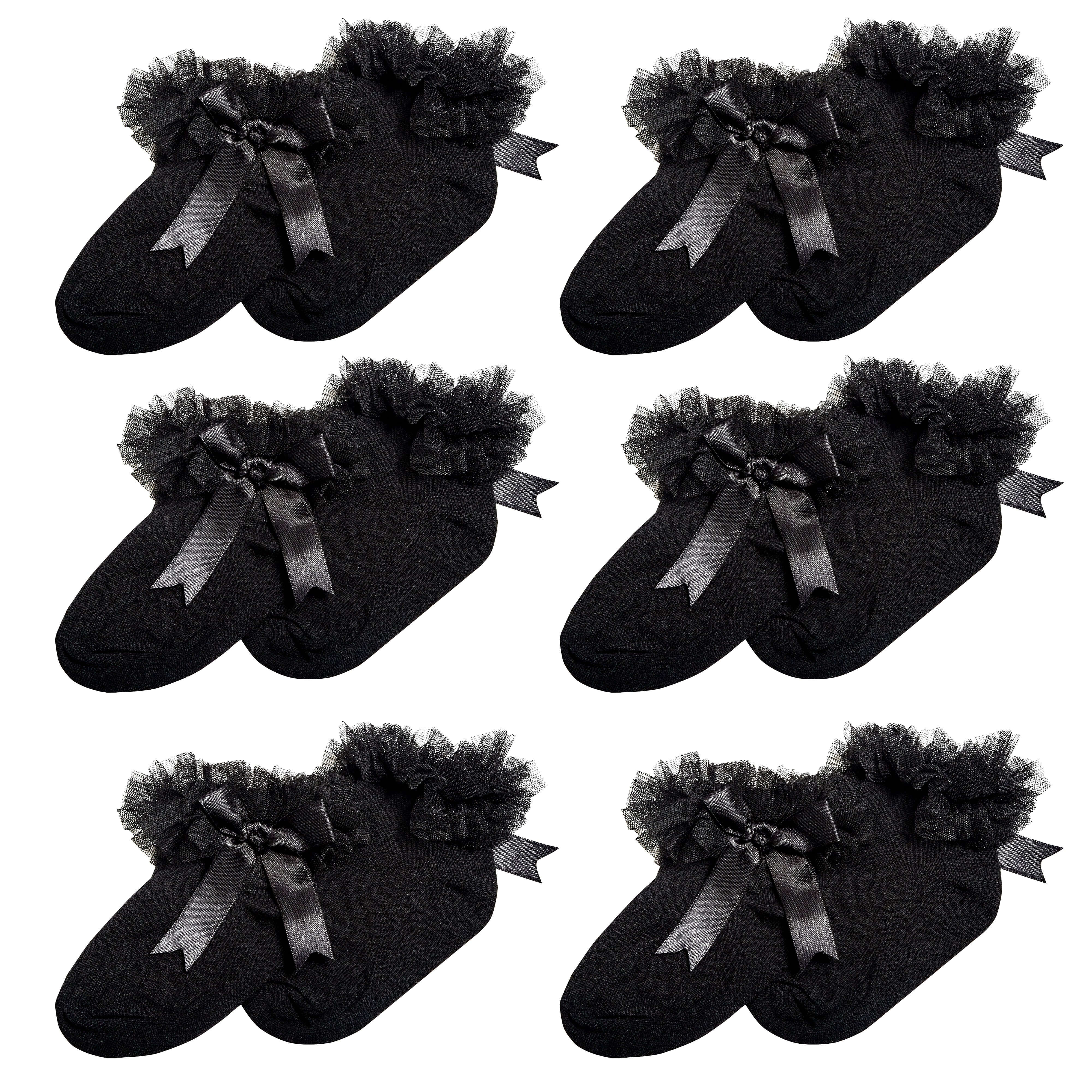 6 Pairs Black Girls Tutu Frilly Ankle Socks with Lace & Bow Super Soft ...