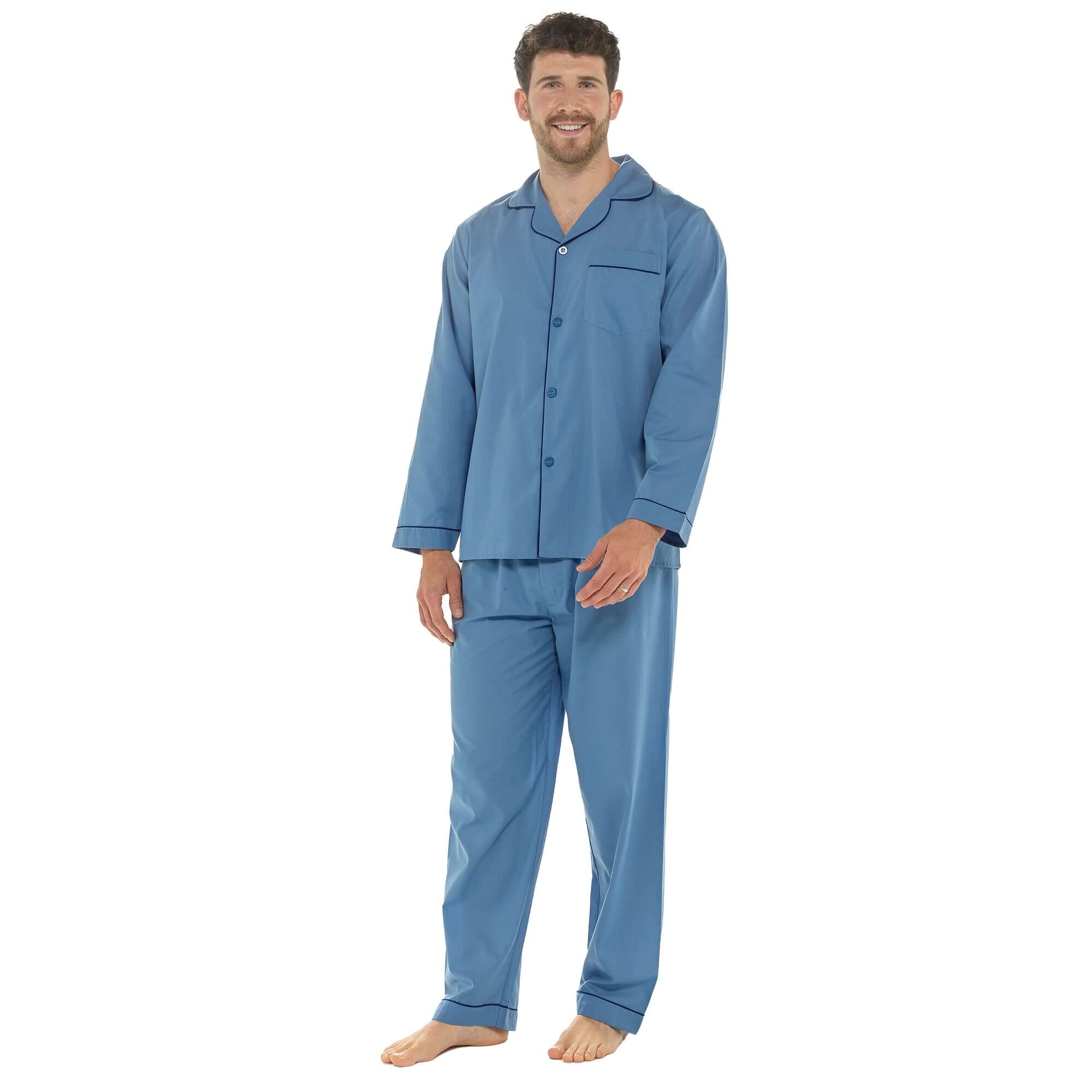 Men's Classic Blue Woven Pyjama Set Long Sleeve Button Top & Bottoms ...