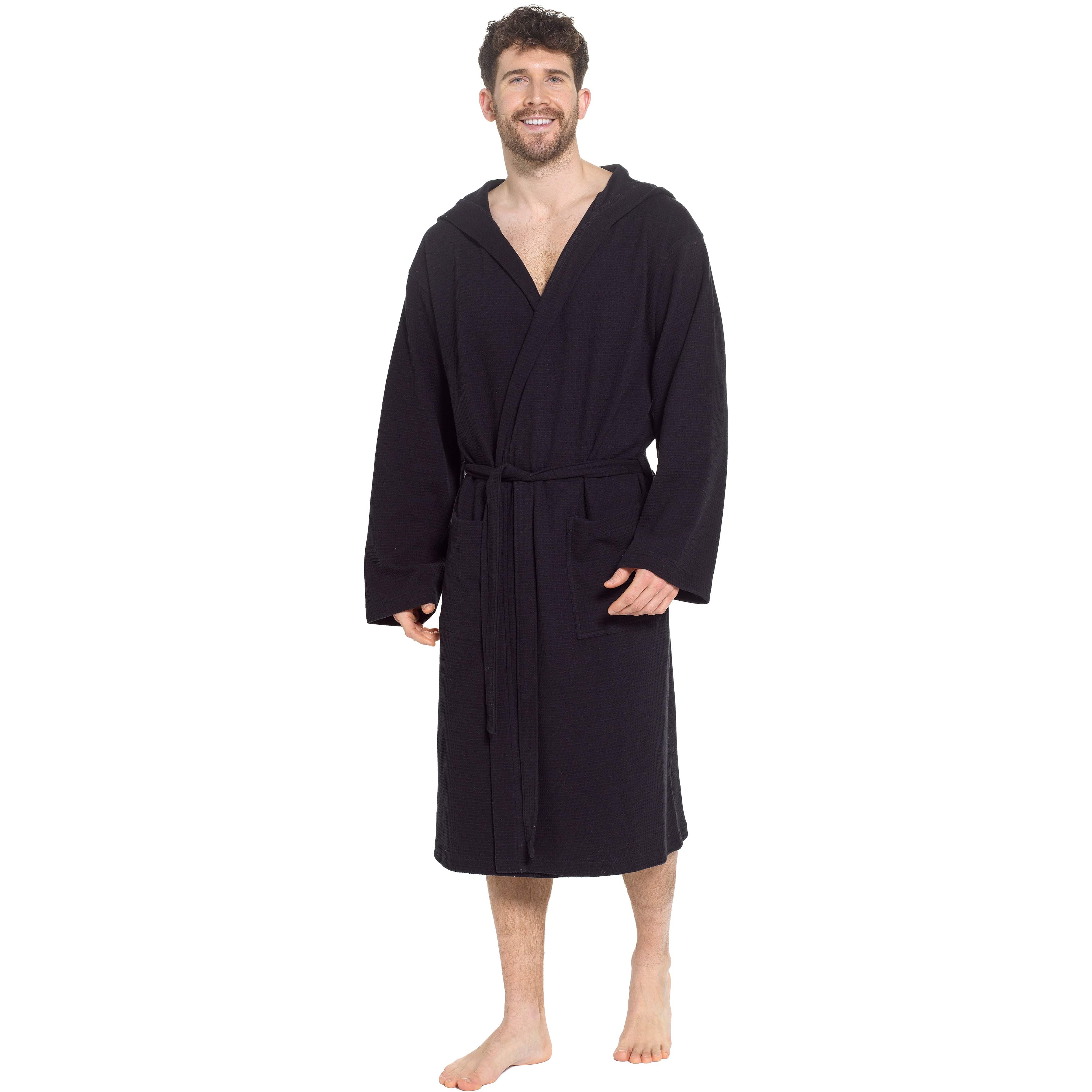 Men’s Hooded Waffle Cotton Bathrobe Black Super Absorbent Spa Robe ...