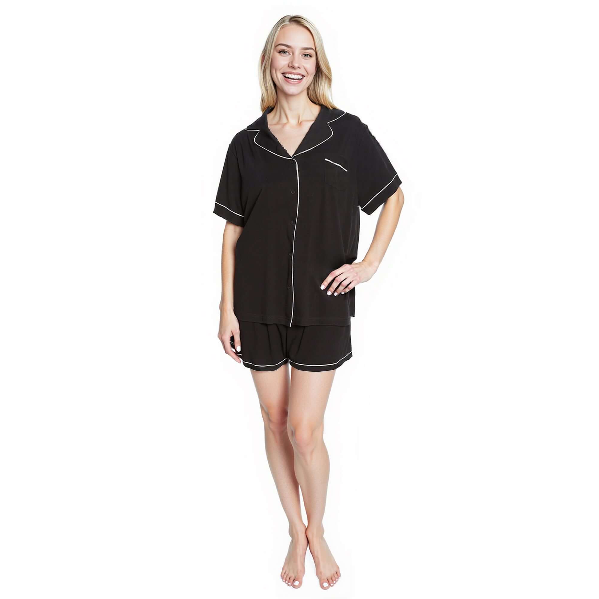 Women's Black Short Pyjama Set Super Soft Sleepwear Nightwear Button Up ...