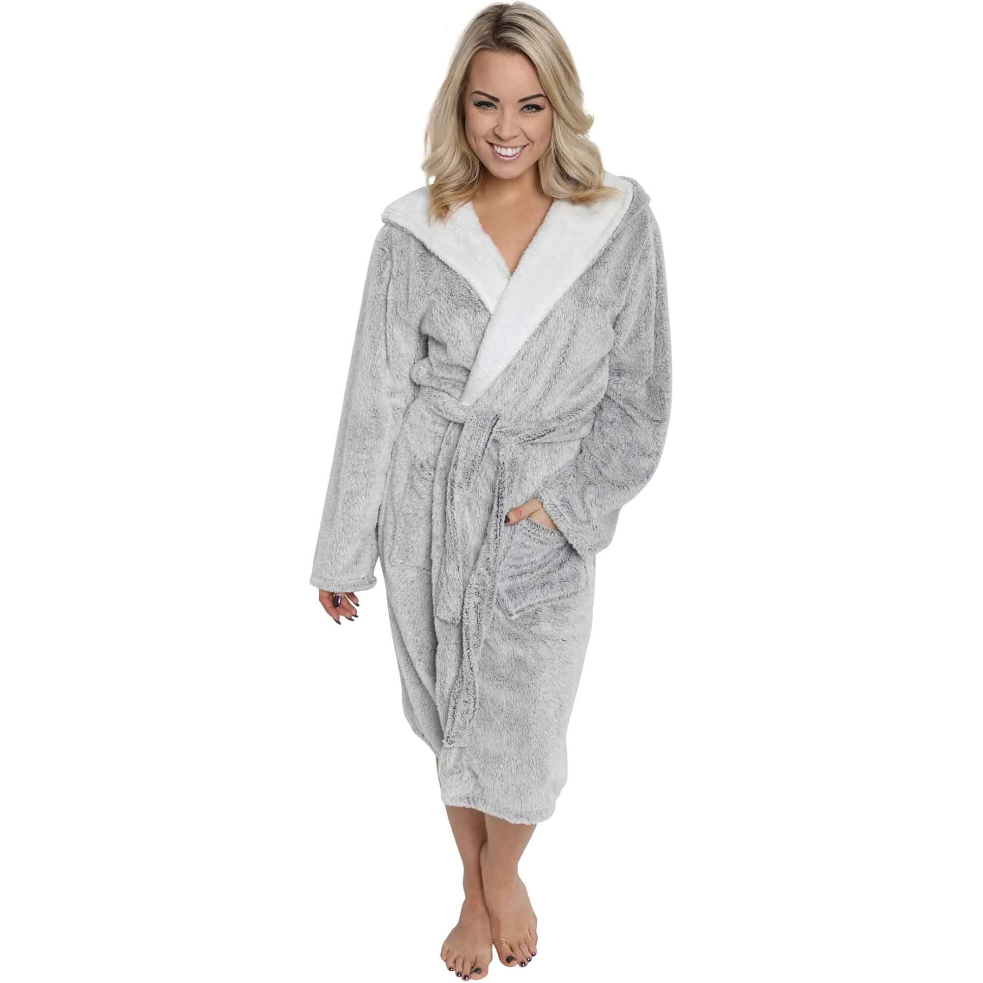 Women's Shimmer Grey Fleece Hooded Bathrobe Ultra-Soft Sherpa Lining ...