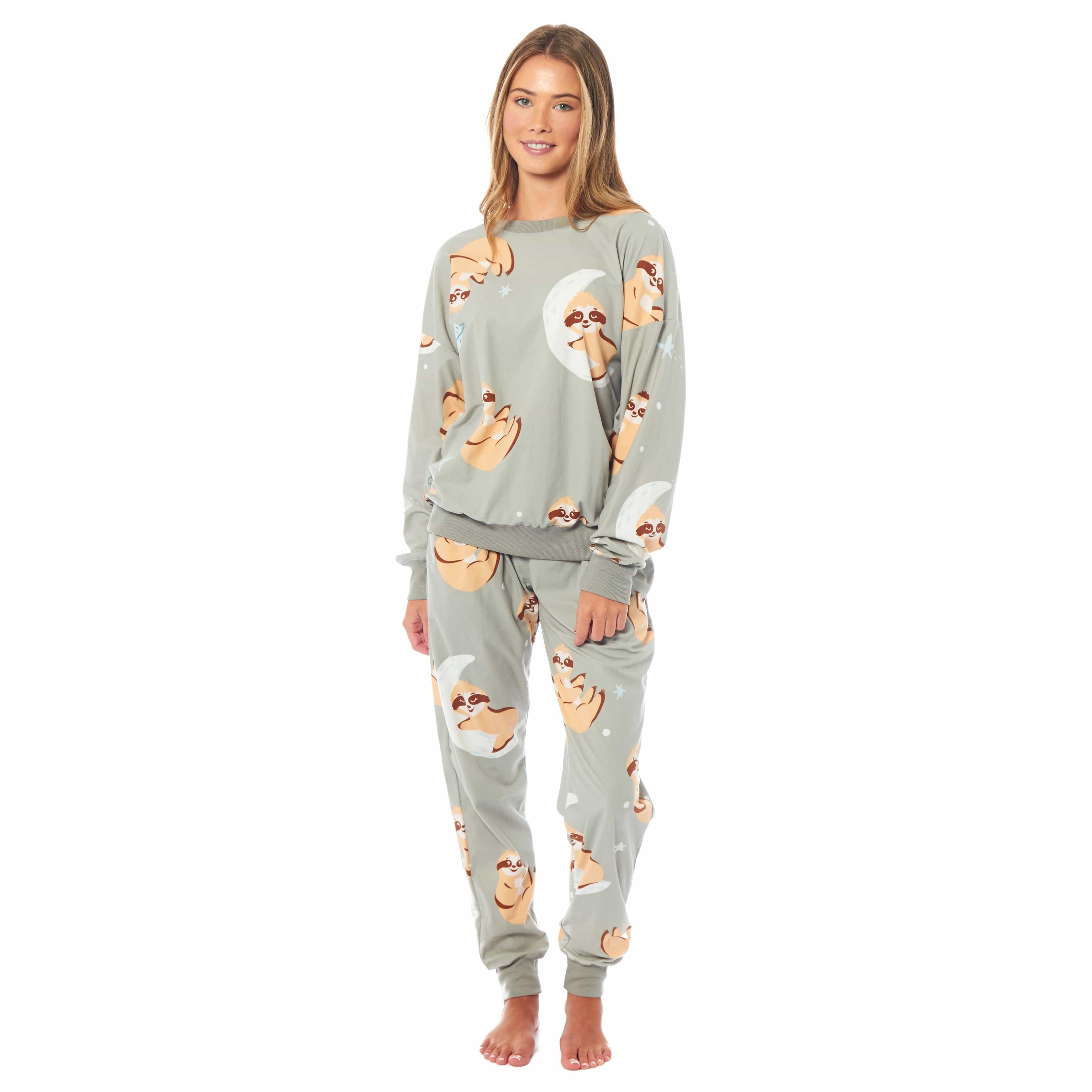 Women's Sloth Soft Fleece Pyjama Set Long Sleeve Animal Print Warm PJs ...
