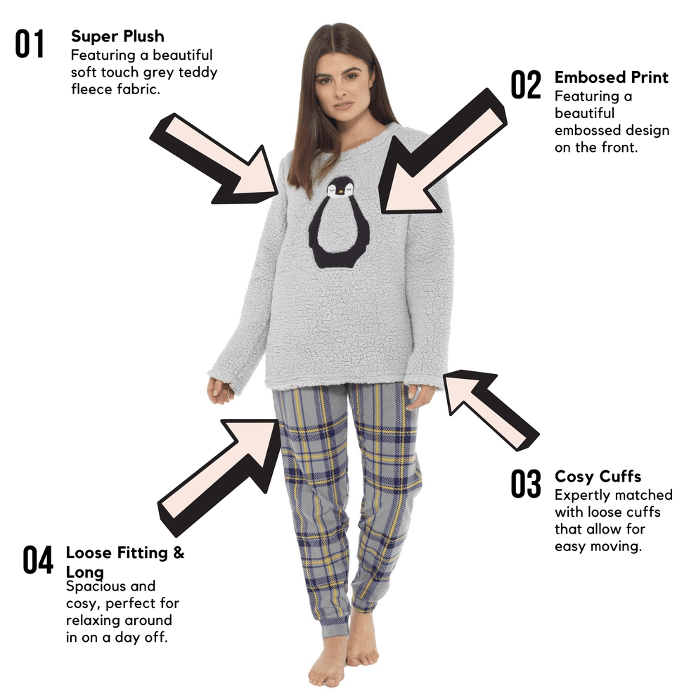Ultra Soft Women's Teddy Fleece Pyjama Set Cozy Penguin Design Super ...